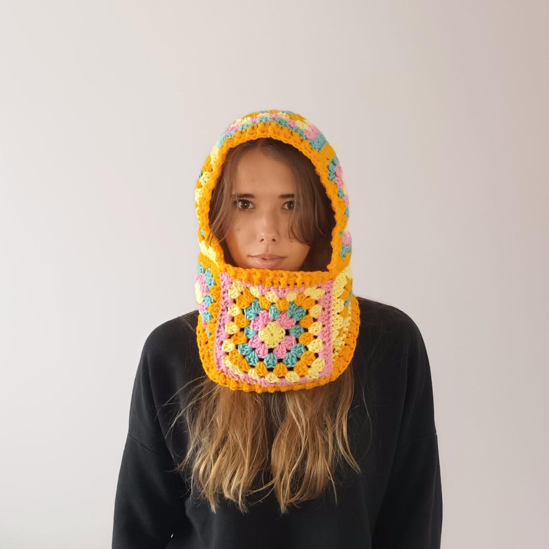 Balaclava With Multicolored Crochet Granny Squares - Colorful Knitted ...