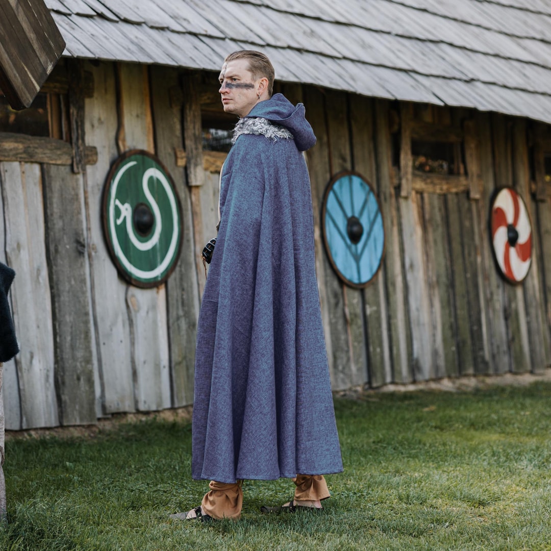 Linen Viking Cloak With Fur Mantle, Medieval Cape, LARP Cosplay ...