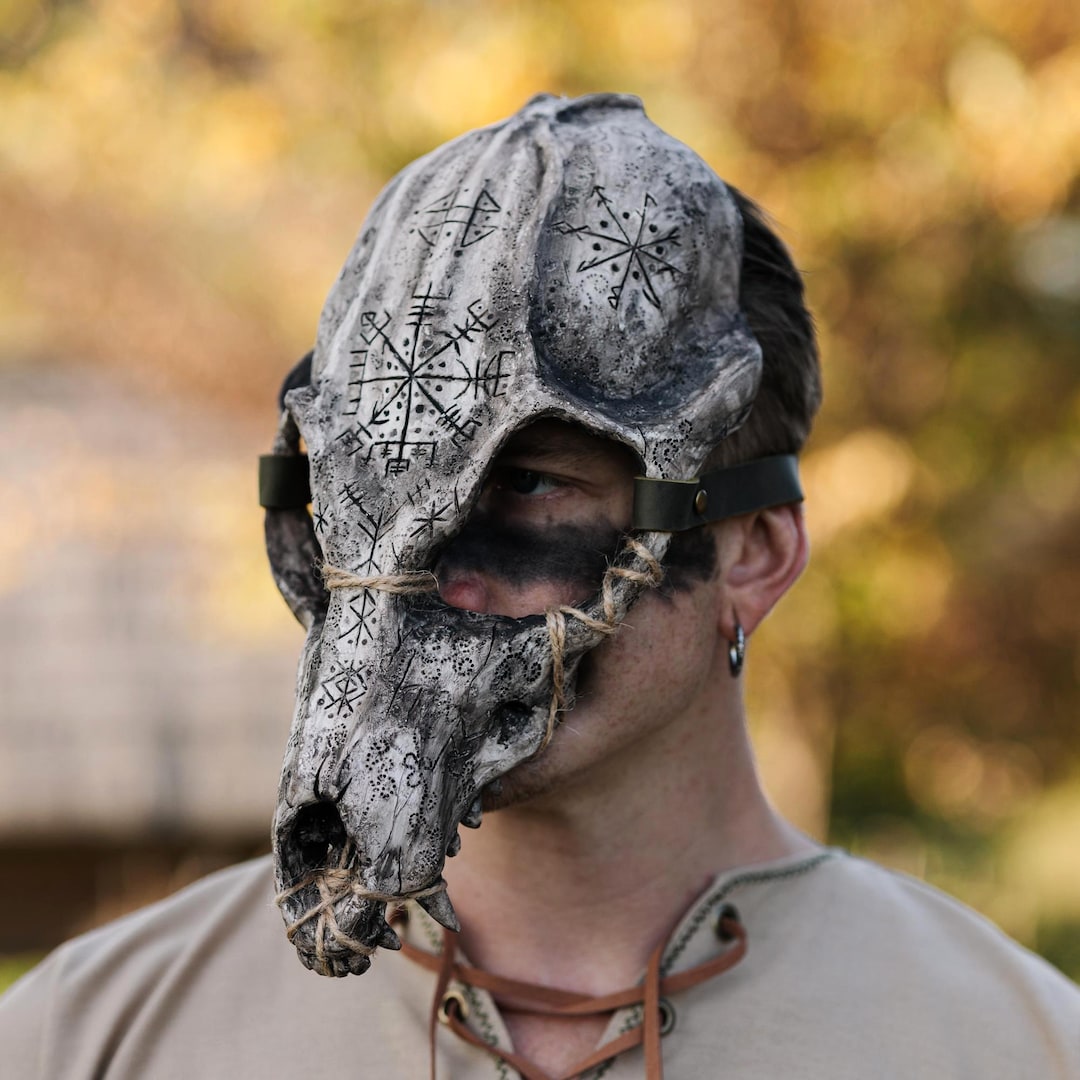 Wolf Face Bone Mask, Animal Skull Mask, Pagan Headdress, Bone Rune ...