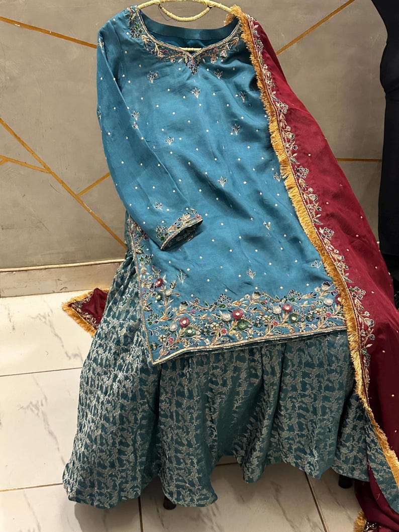 Handmade Crepe Silk Pakistani Suit, Dabka Embroidery, Banarsi Gharara ...