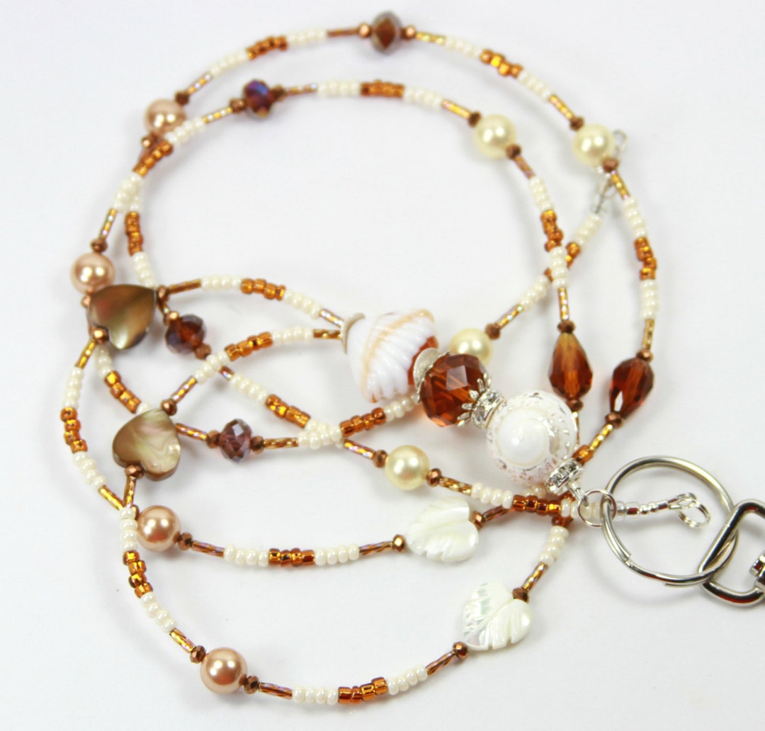 SHELLS - Beaded Badge Holder, Shell Lanyard, Shell Badge Holder, Brown ...