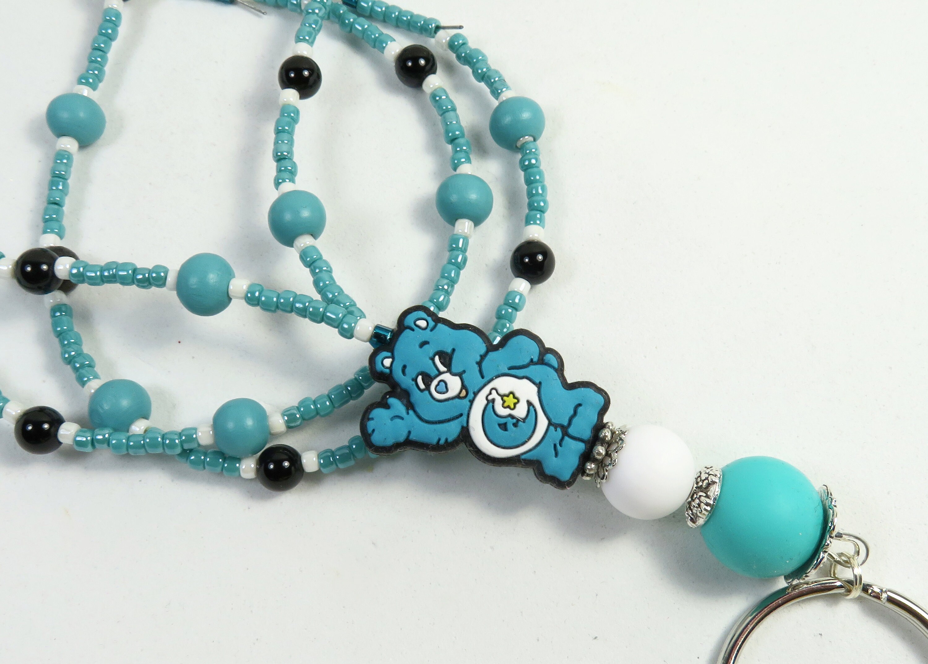 BEAR Beaded Lanyard, Beautiful Teal Blue White Badge Holder, Blue Bear ...