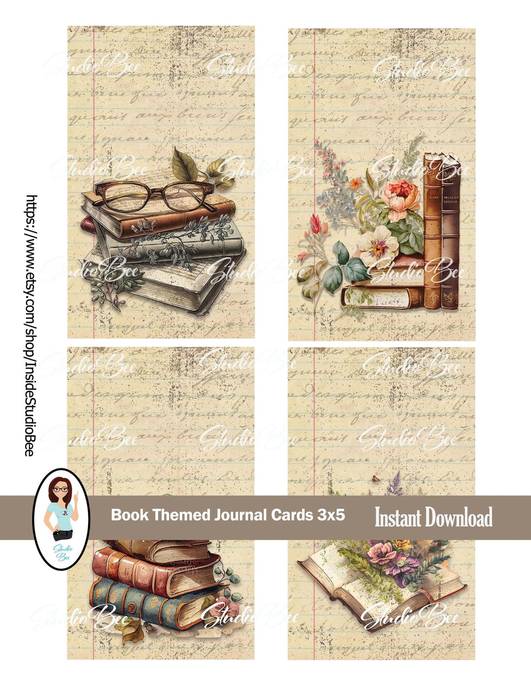 Book Theme Journal Cards, Junk Journaling, Journal Ephemera, 3x5 Index ...