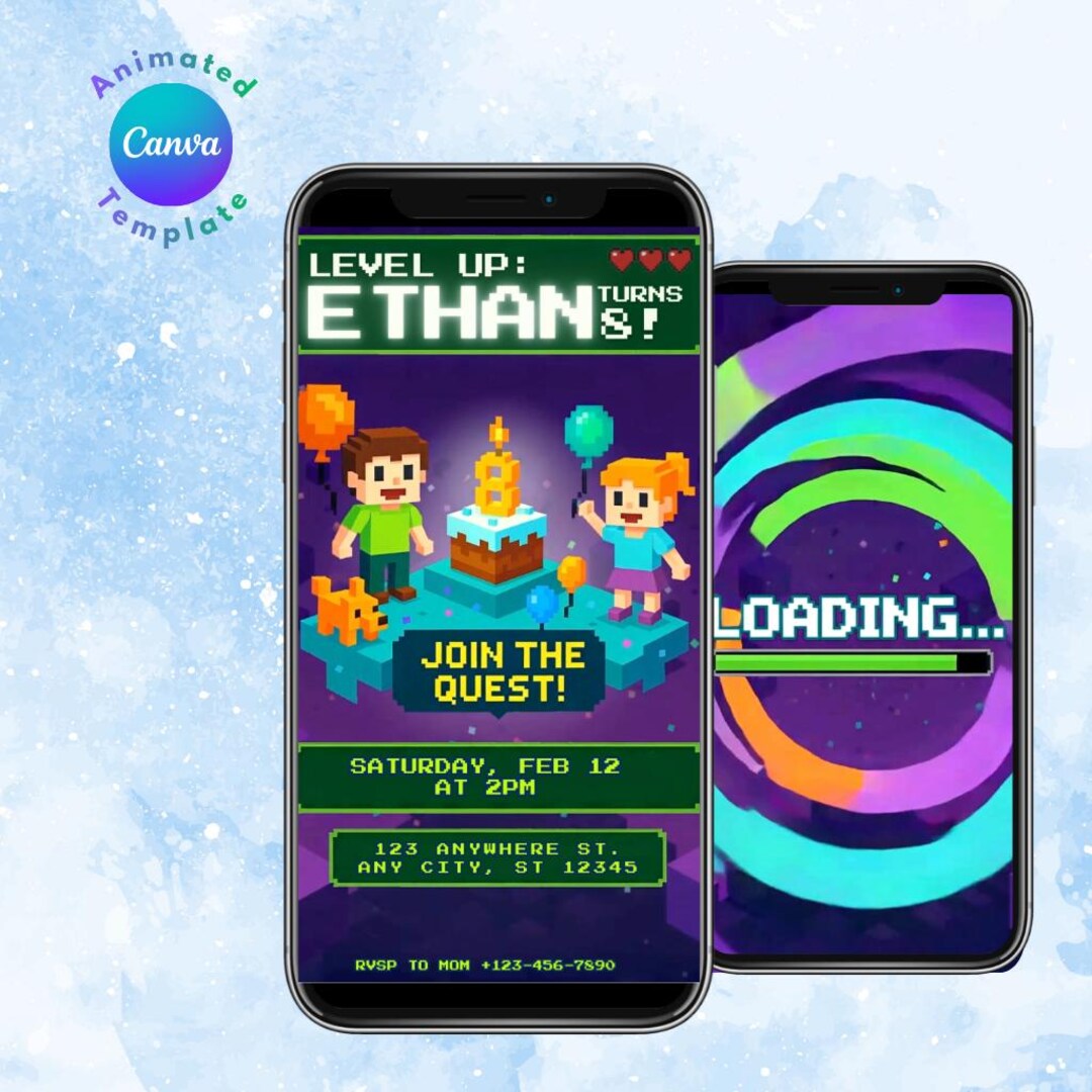 Animated Pixel Gamer Birthday Invitation, Kids Video Evite (canva ...