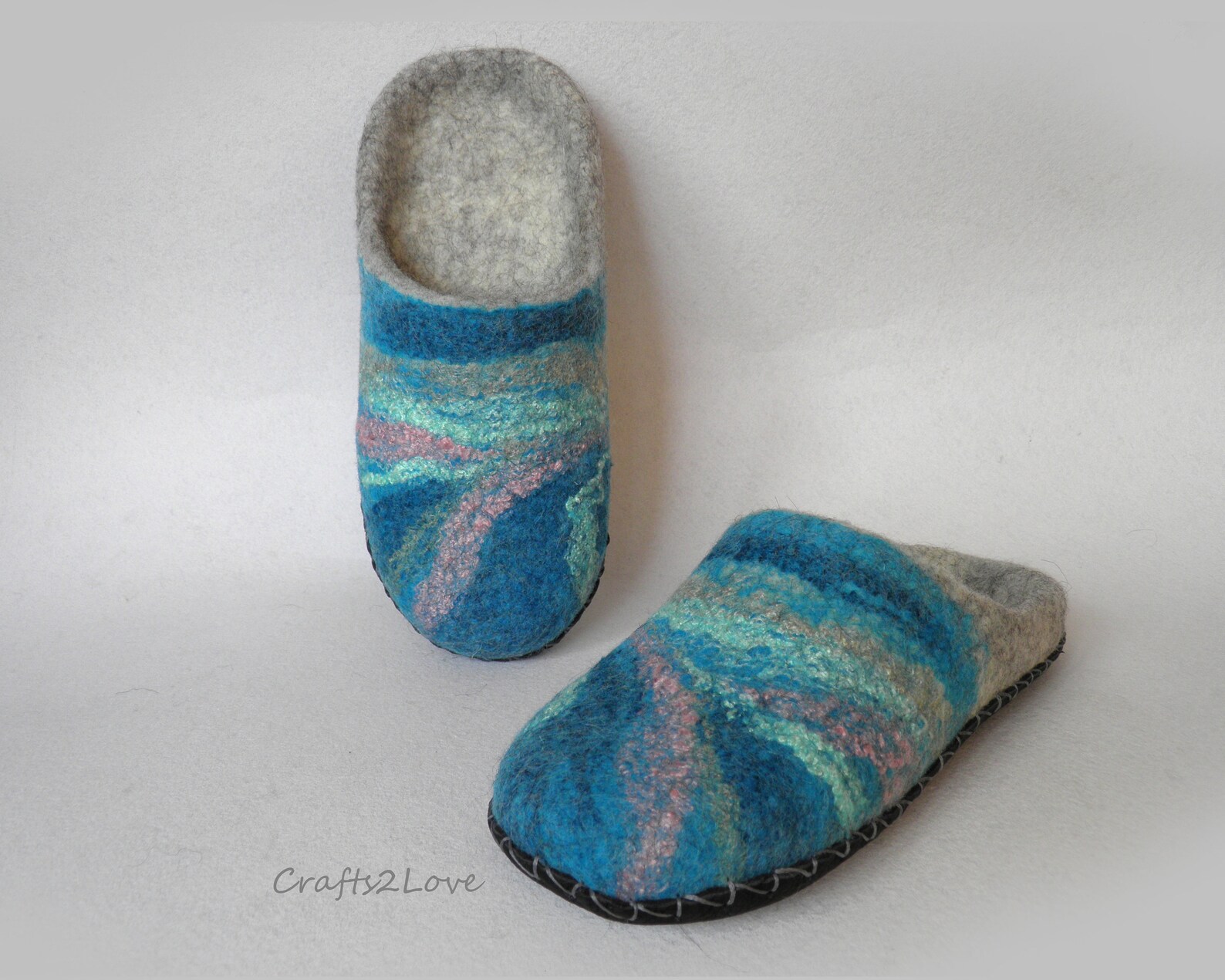 Gray Turquoise Felt Slippers Made of Natural Wool Felted - Etsy
