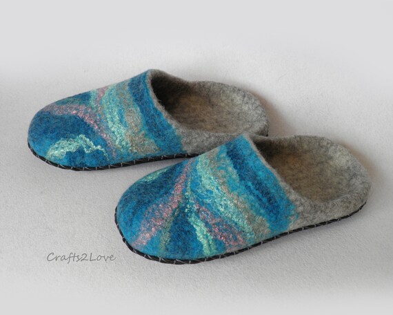 Gray turquoise felt slippers made of natural wool Felted | Etsy
