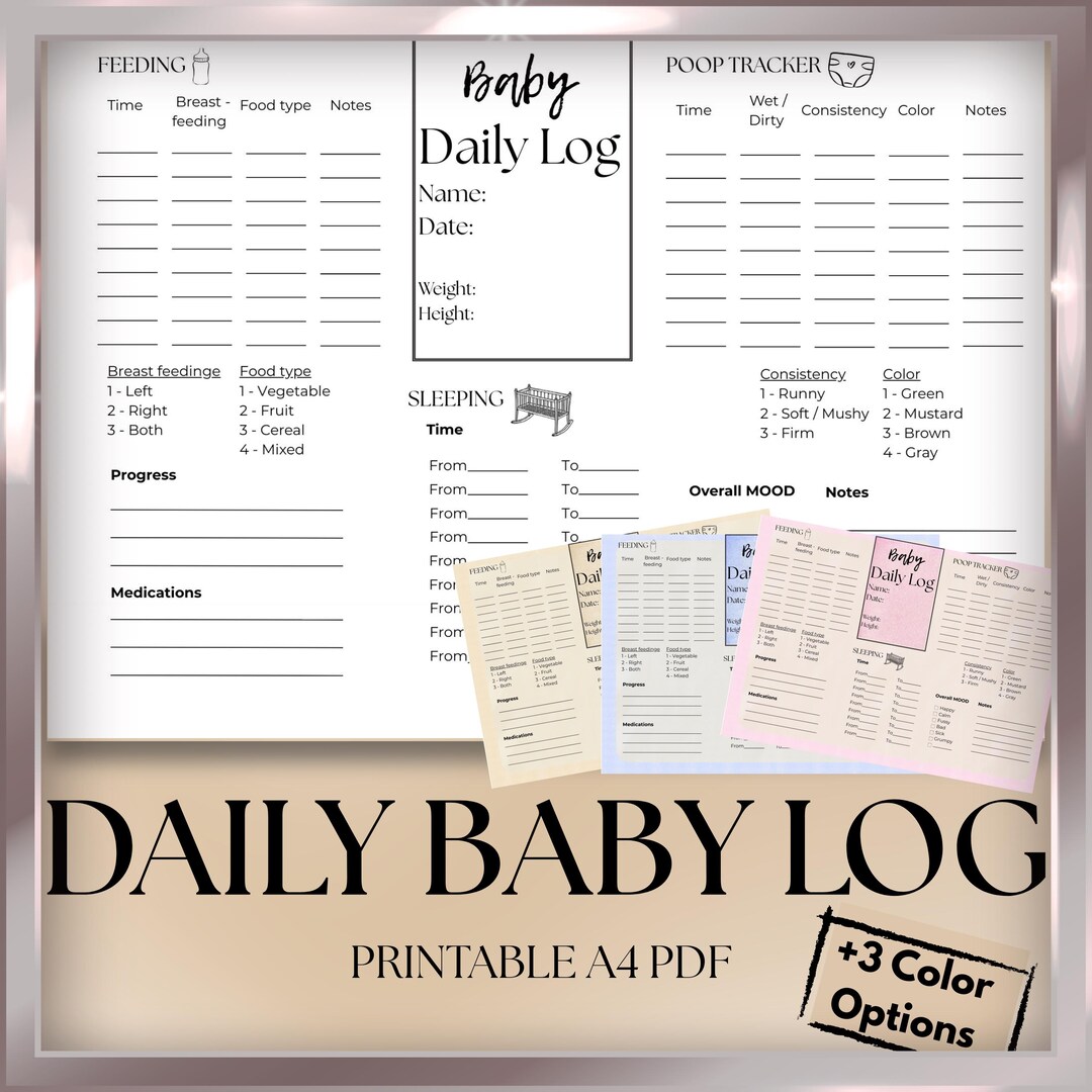 Baby Daily Log – Printable PDF Tracker (4 Color Versions), Feeding ...