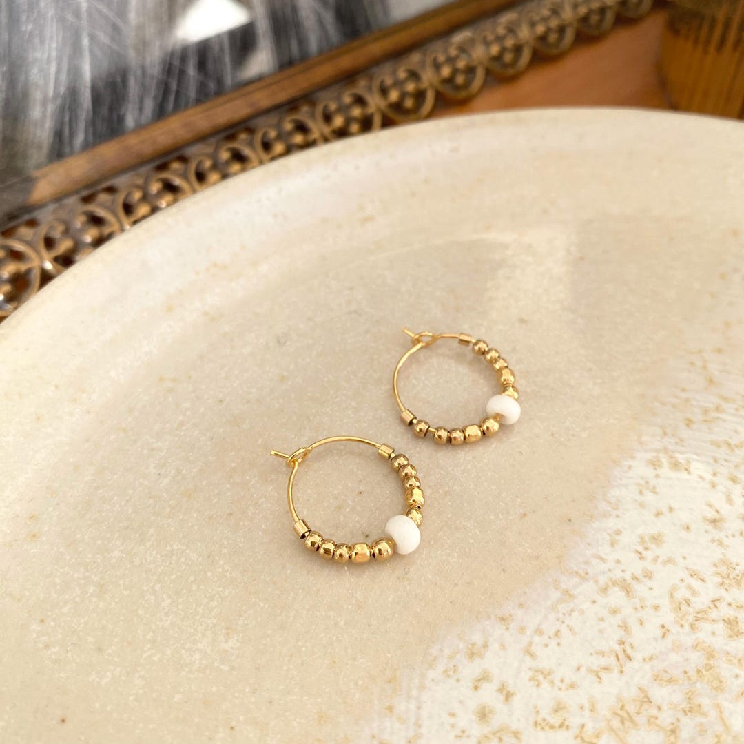 Mini LEONIE Gold-plated Hoop Earrings With a White Glass Pearl • 24k ...
