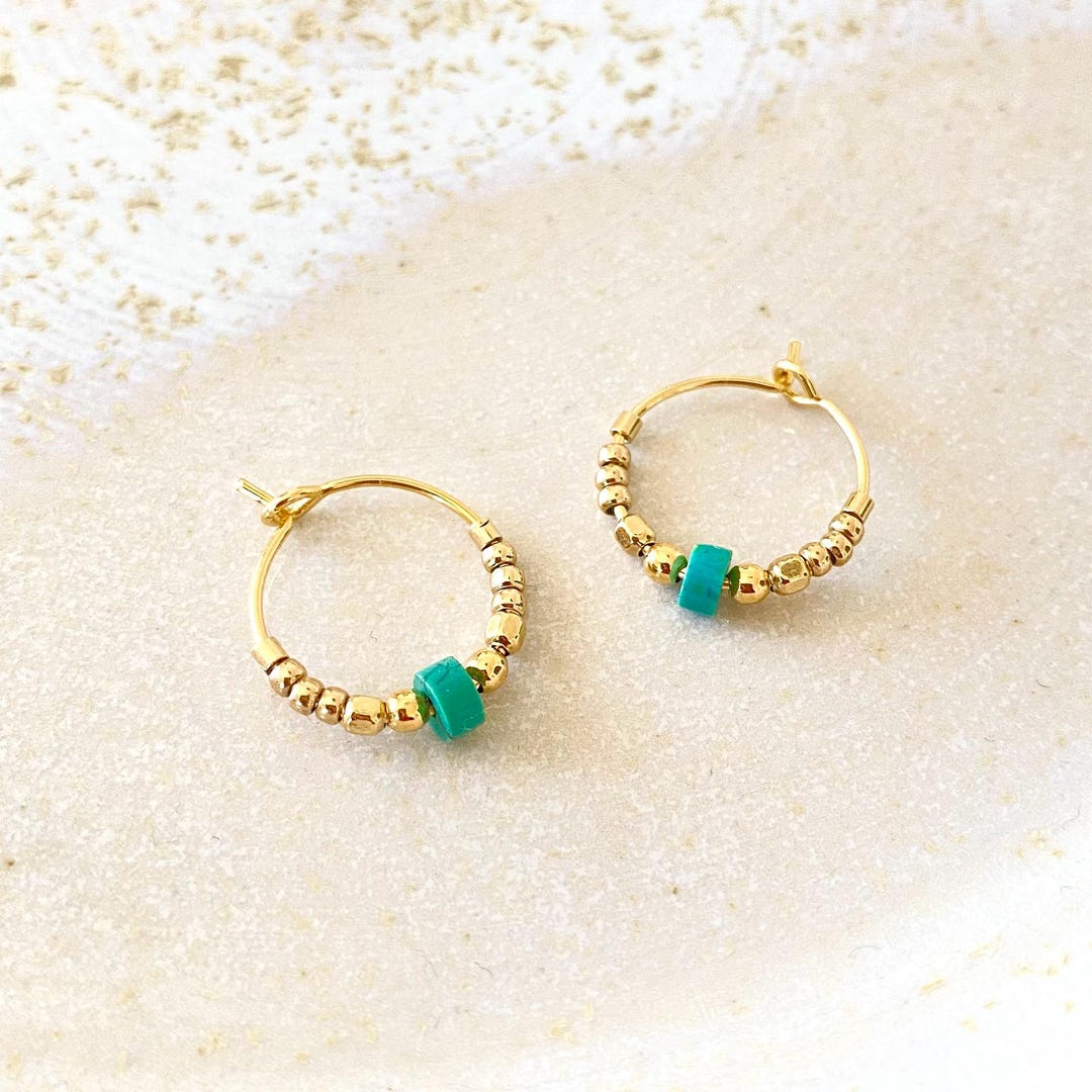 LISE Mini Gold Hoop Earrings With Natural Turquoise • 24k Boho Jewelry ...