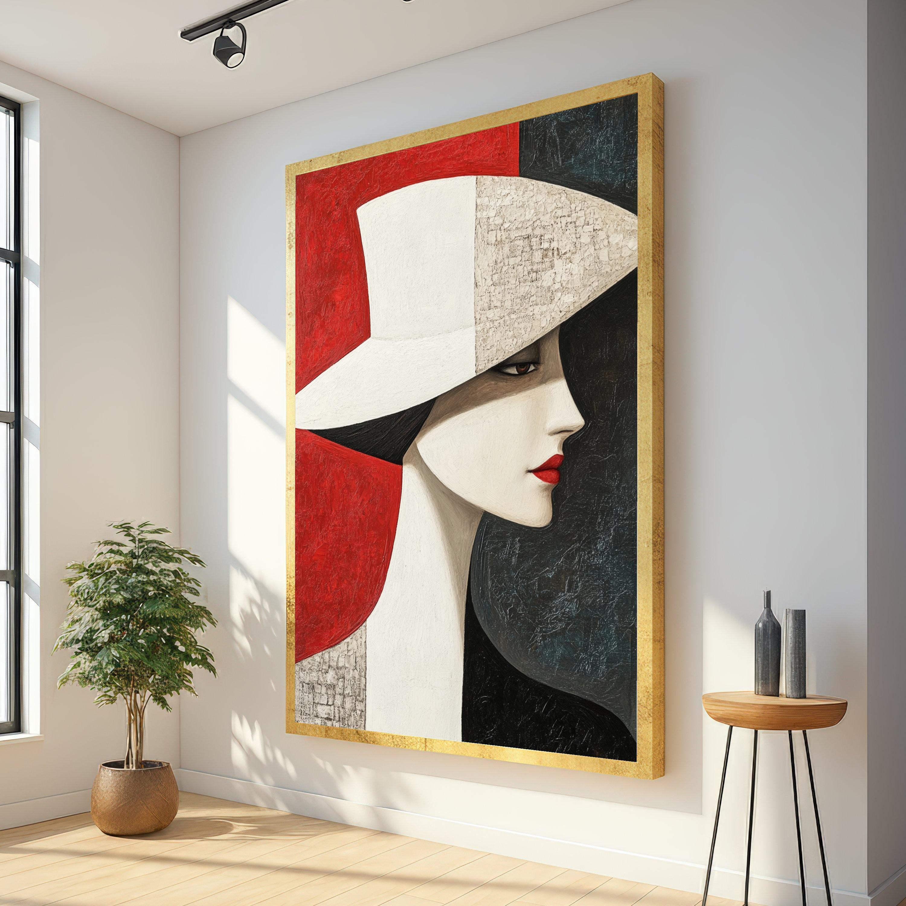 Elegant Woman in Large Hat Canvas, Modern Abstract Portrait Art, Red ...