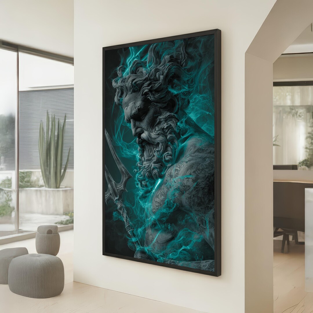 Mythical Neptune Canvas Wall Art, Ocean God Decor, Trident Warrior ...