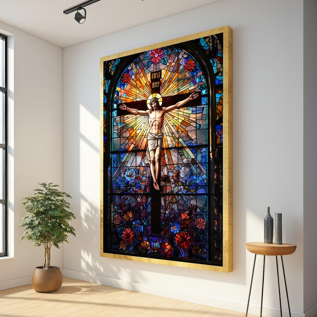 Jesus Crucifixion Stained Glass Canvas, Religious Christian Wall Art ...
