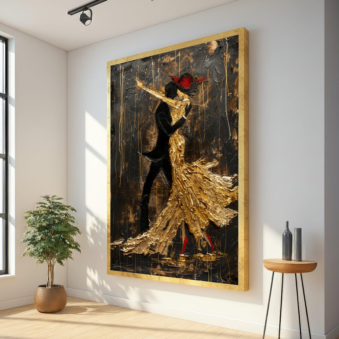 Elegant Tango Dance Couple Canvas, Gold and Black Abstract Wall Art ...