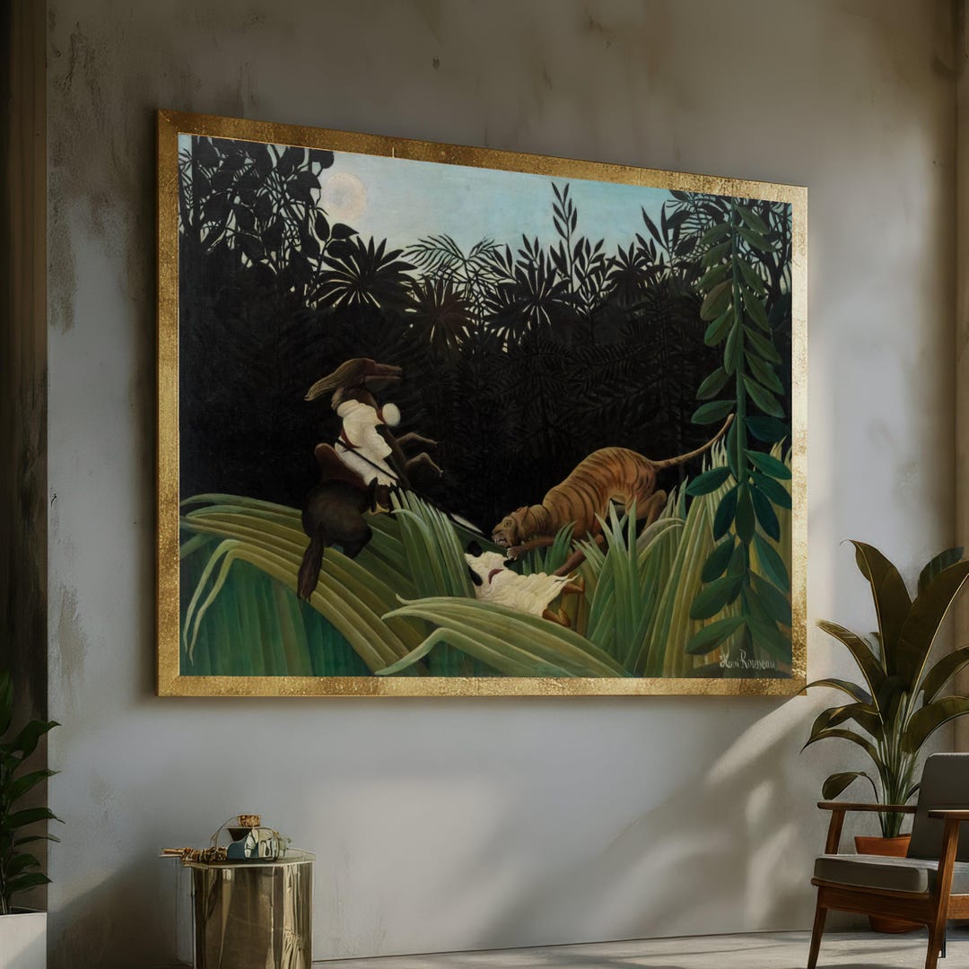 Henri Rousseau Style Jungle Scene Canvas, Exotic Tiger Attack Art ...