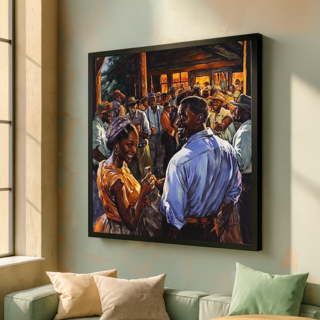 Vintage Celebration Scene Canvas, Joyful Crowd Party Painting, African ...