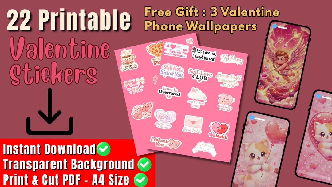 Printable Valentine Stickers, Love Quote Stickers, PNG & A4 PDF Print ...