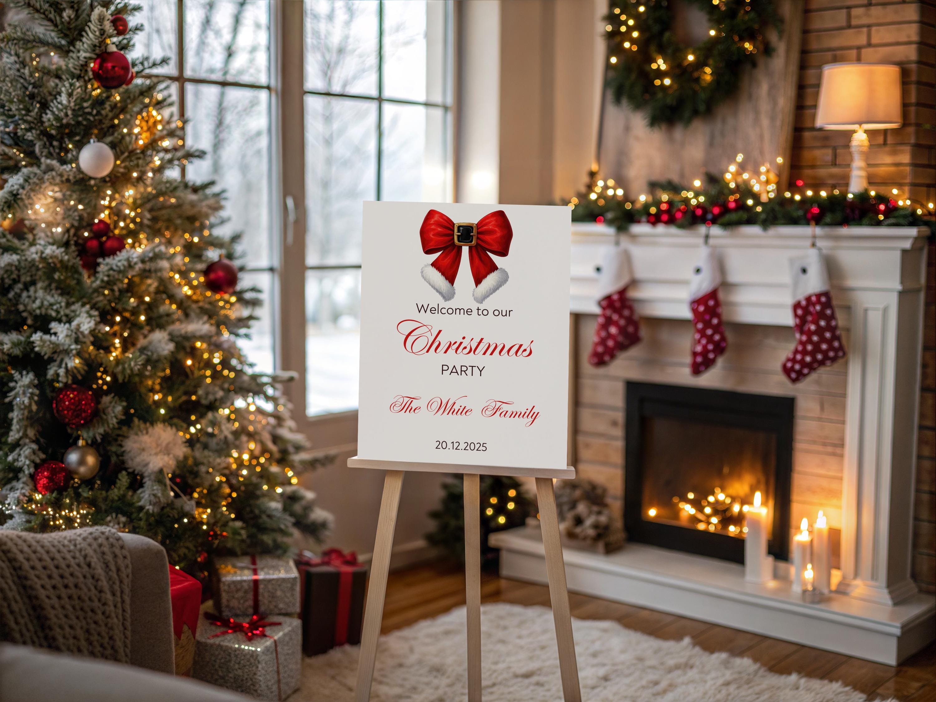 Red Bow Christmas Party Welcome Sign Editable Canva Template - Etsy