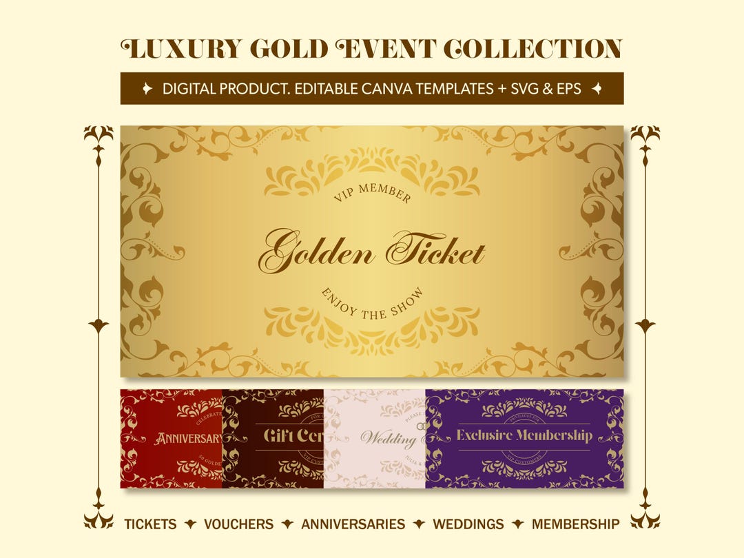 Golden Ticket Template. Editable Canva Designs for Events, Invitations ...