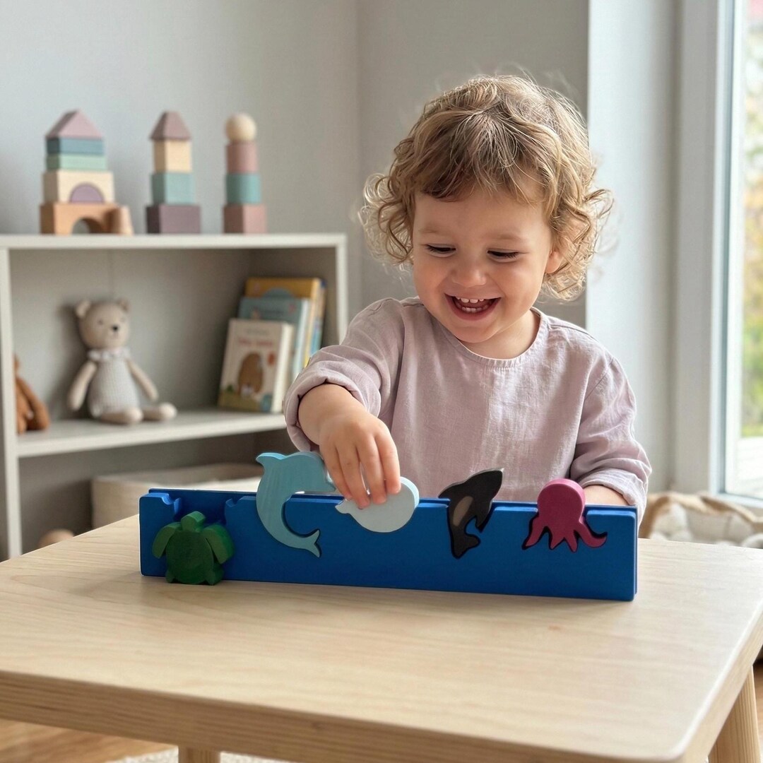 Wooden Ocean Animals Play Set | Montessori Sea Life Puzzle, Toddler Toy ...