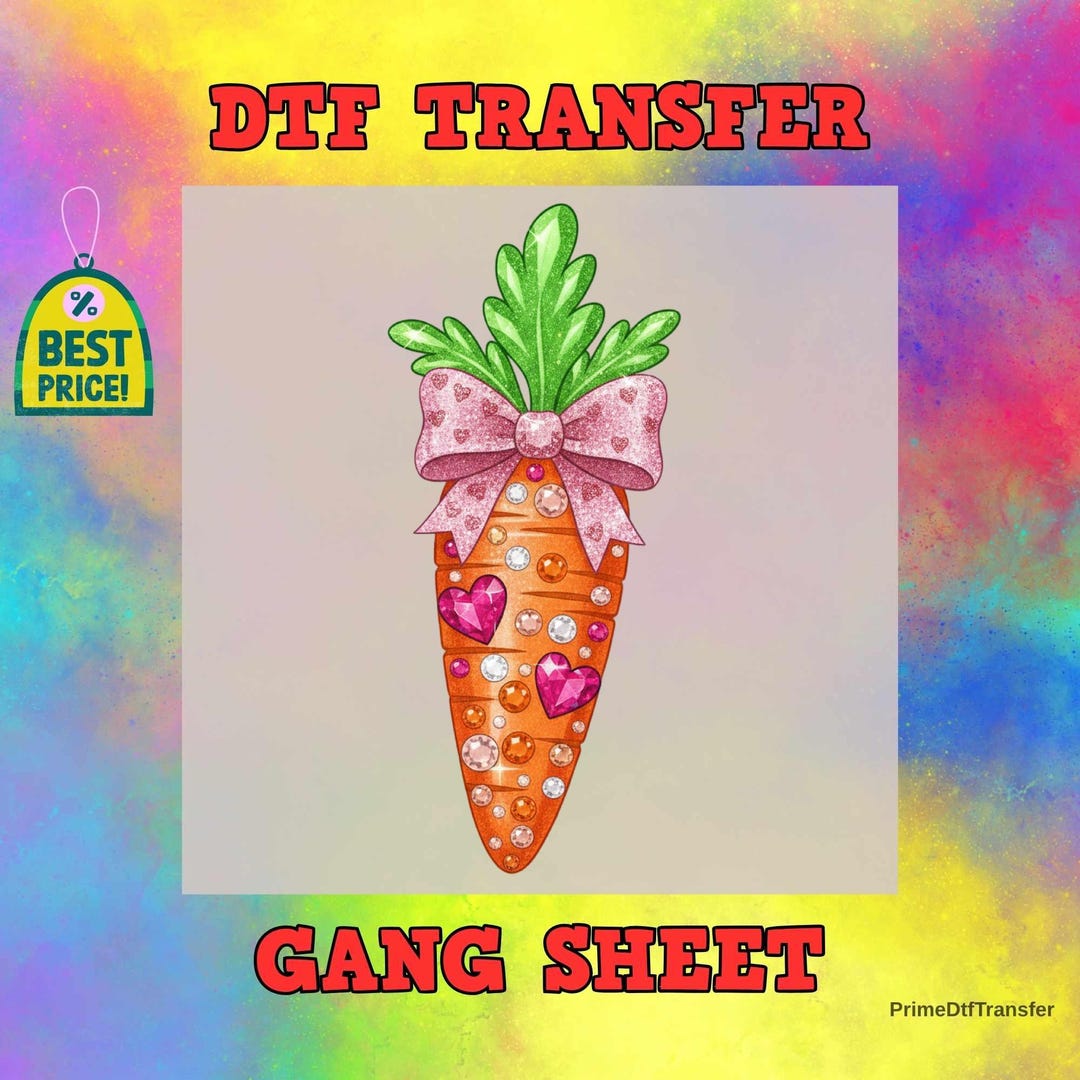 Glitter Jeweled Carrot DTF Transfer, Heart Gems & Pink Bow, Ready to ...