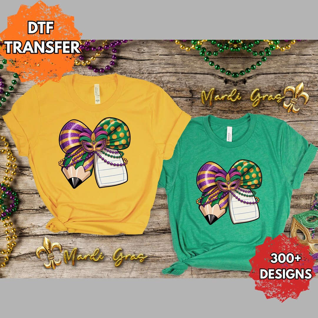 Mardi Gras Mask Pencil Bow DTF Transfer Print for DIY Apparel and Home ...
