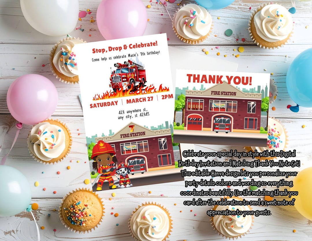 Fire Engine No. 9 Birthday Invitation and Thank You Card-digital ...
