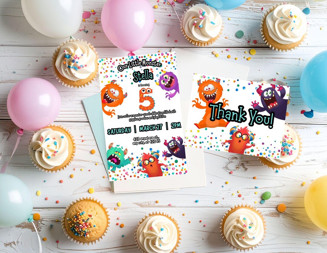 Monster Themed Birthday Party Invitation & Thank You Note Combo-digital ...