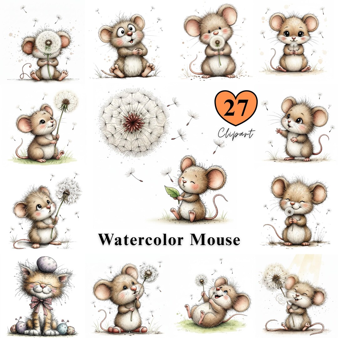 27 Watercolor Mouse Clipart JPG Bundle, Mice PNG Sublimation, Dandelion ...