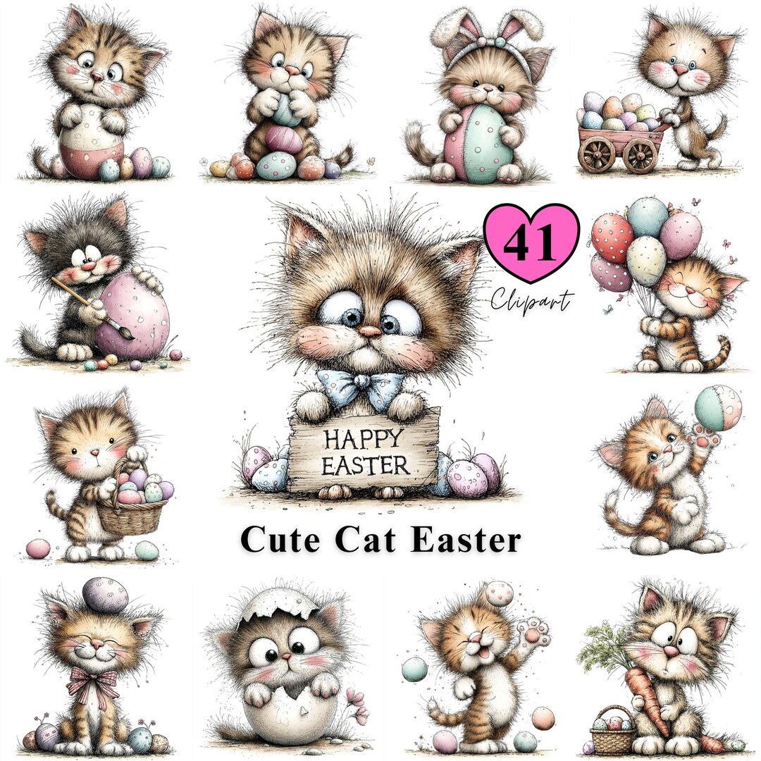 41 Cute Cat Easter Clipart Bundle, Festive Spring Holiday PNG Graphics ...