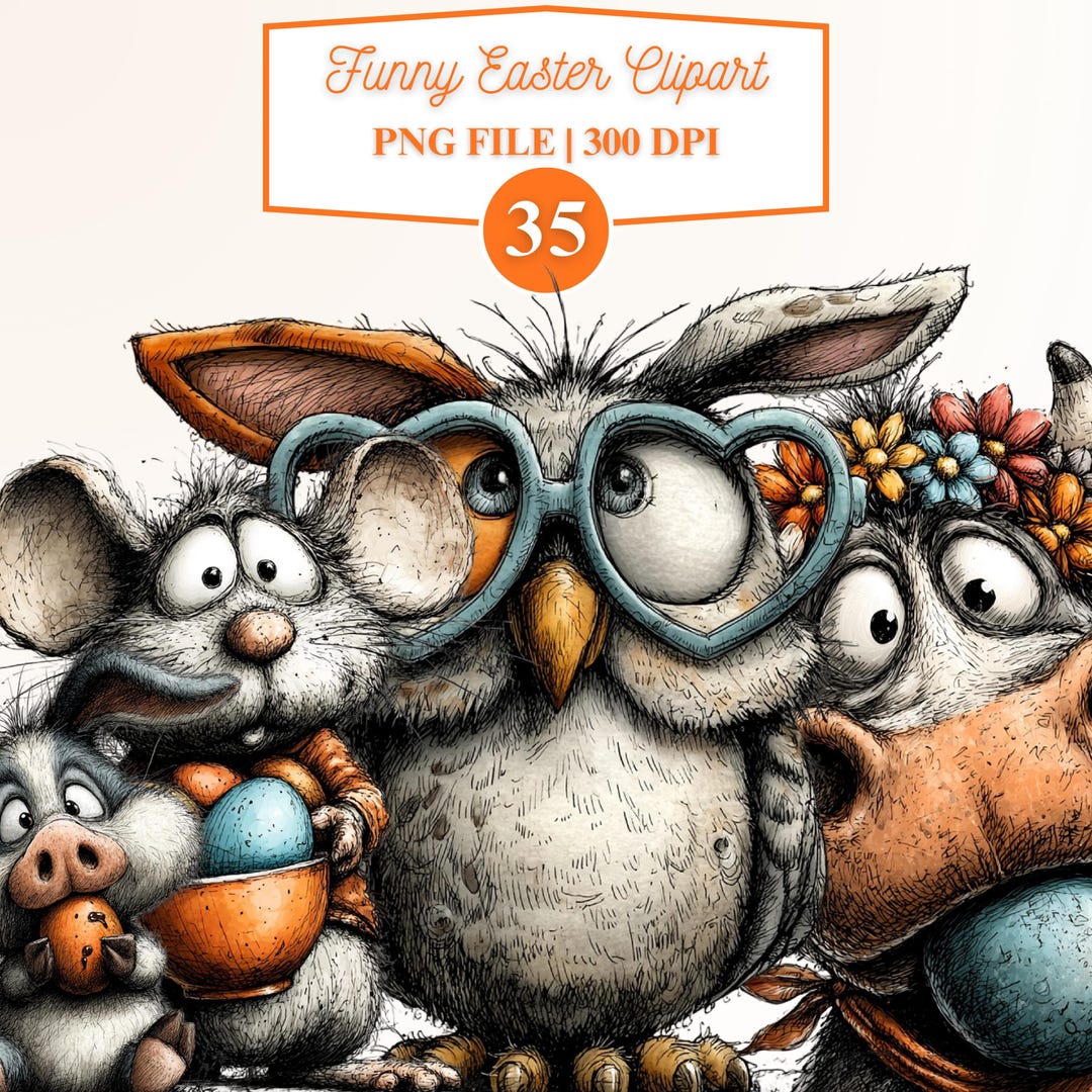 Funny Easter Animals Clipart PNG Bunny Chick Cow Set, Spring Farm ...