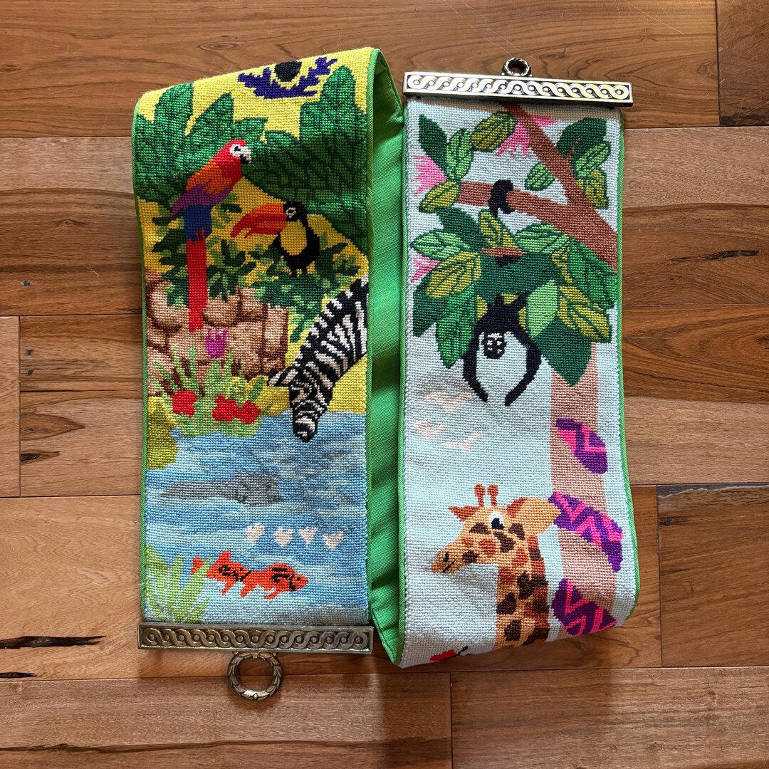 Vintage 1960s Jungle Zoo Needlepoint Wall Hanging • Tall Tapestry ...