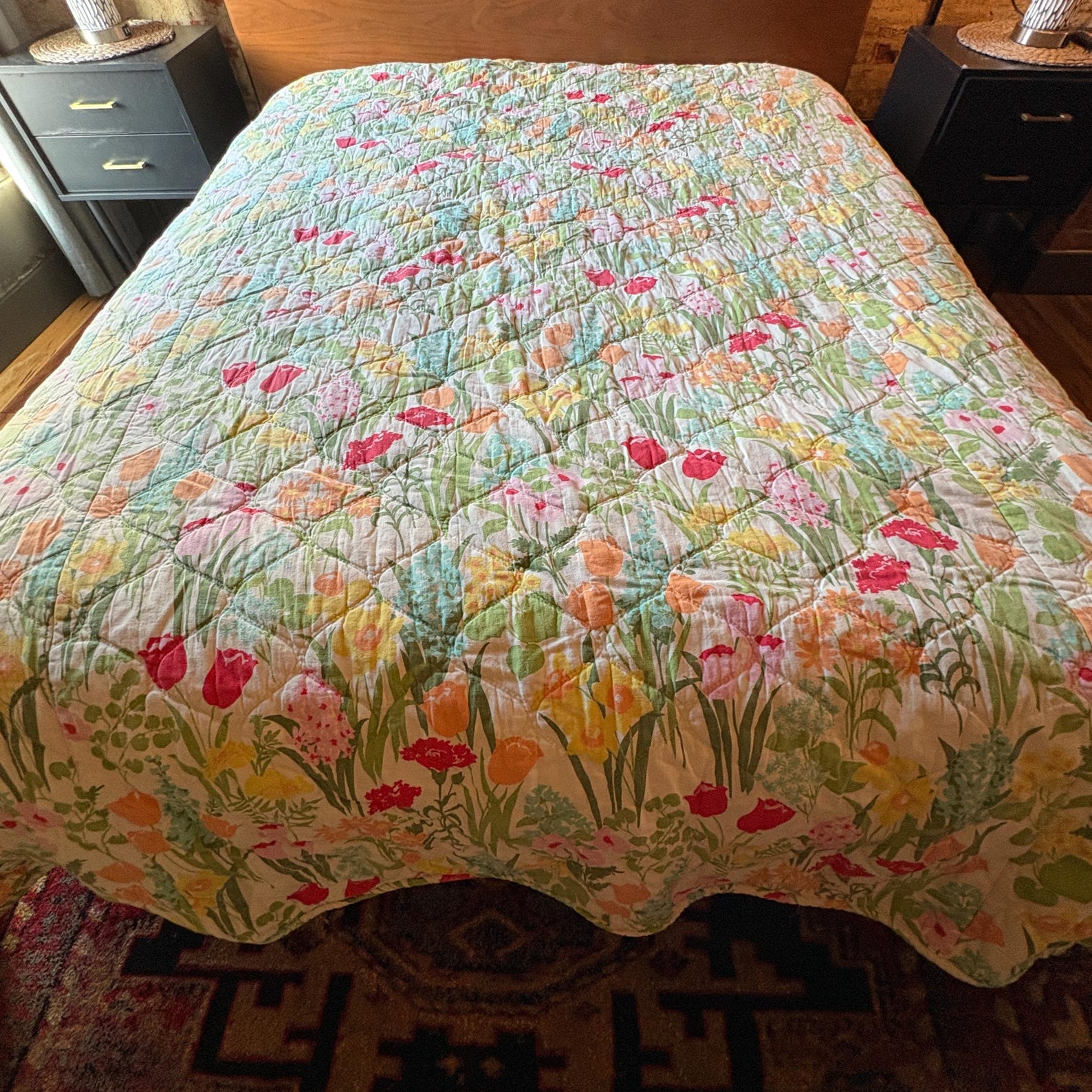 Vintage Floral Quilted Bedspread - Queen Size Cottagecore Bedding Red ...