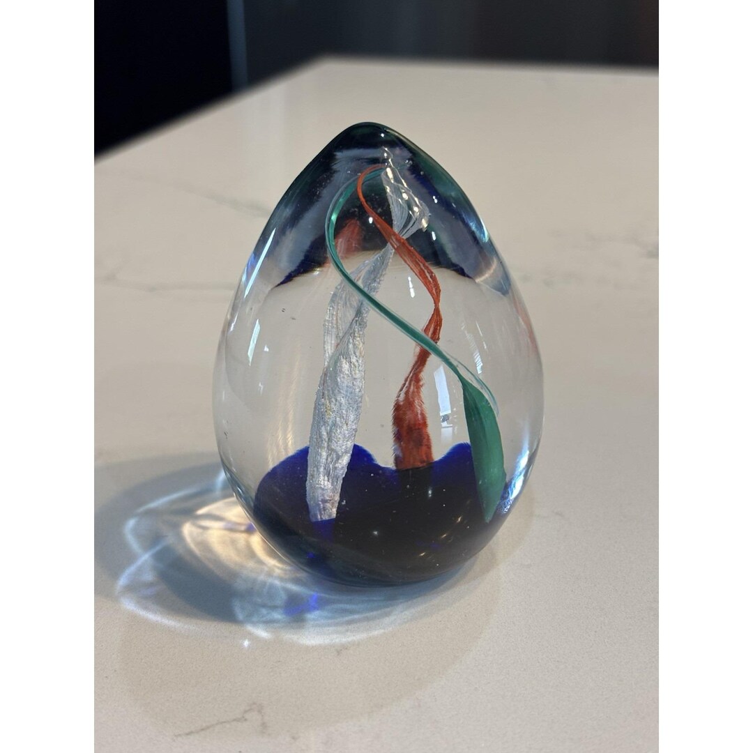 Vintage Retro Art Glass Egg Shape Swirl Spiral Orange Blue Green ...