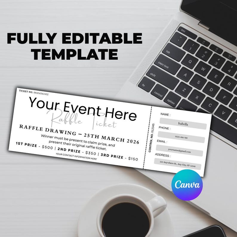 Editable Raffle Ticket Template Canva Event Fundraiser Drawing Ticket ...