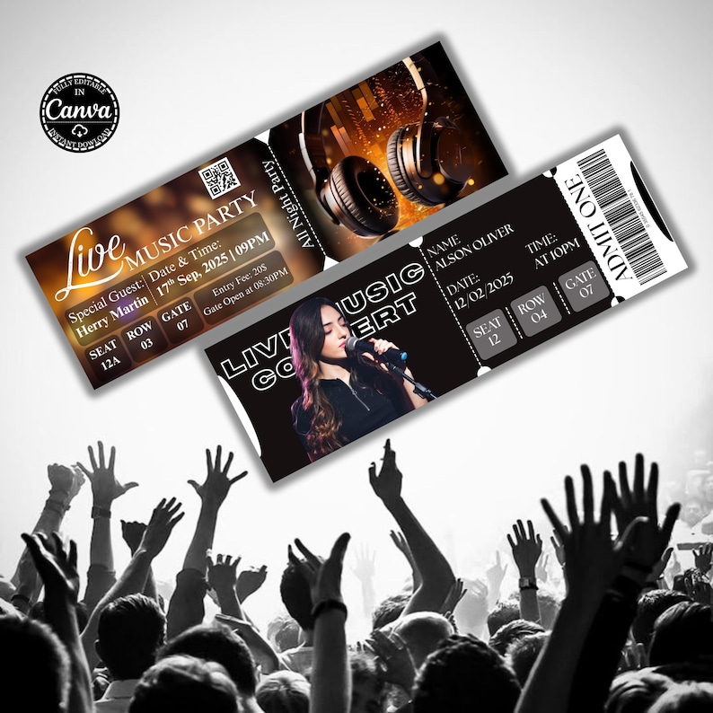 Editable Concert Ticket Template Canva Live Music Event Pass Printable ...