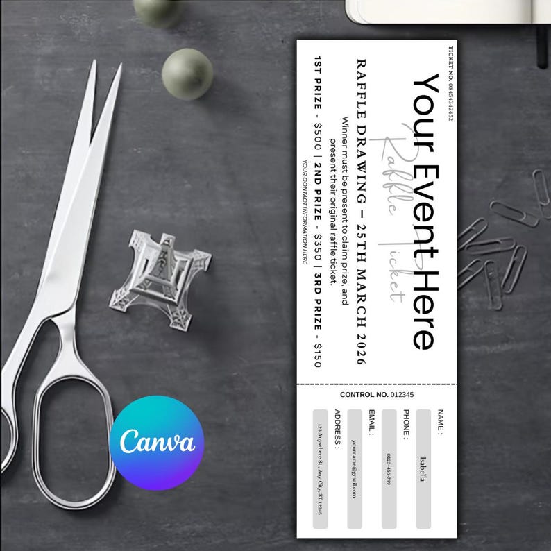 Editable Raffle Ticket Template Canva Event Fundraiser Drawing Ticket ...