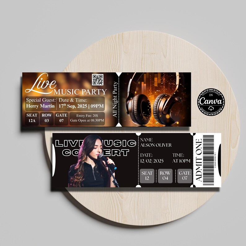 Editable Concert Ticket Template Canva Live Music Event Pass Printable ...