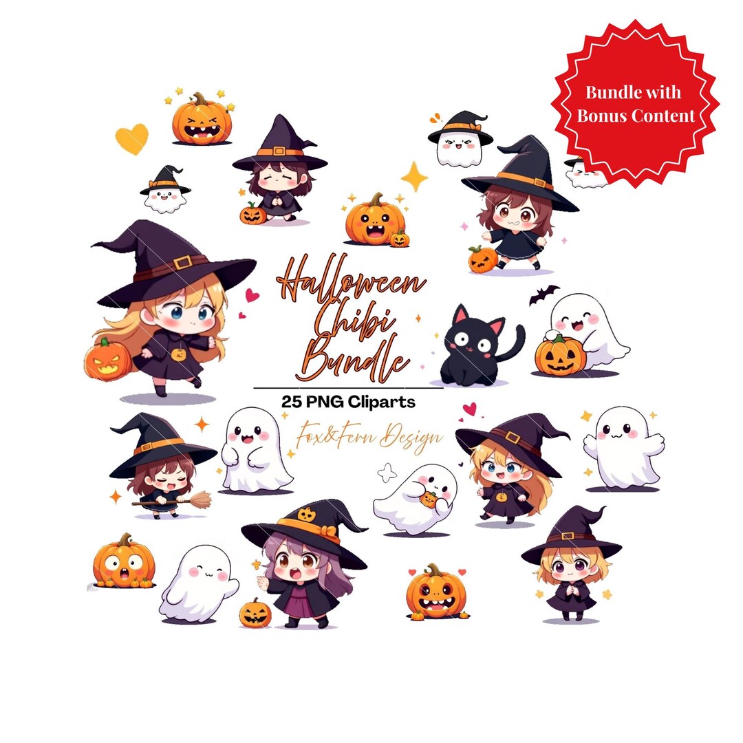 Cozy Chibi Witches & Ghosts Clipart Bundle - 25 Pngs + Bonus Cats and ...
