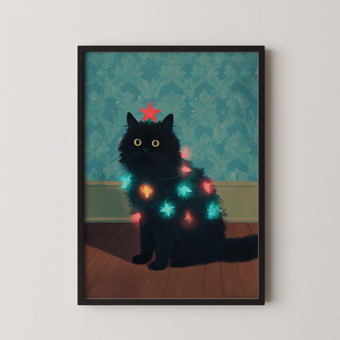 Black Cat Christmas Lights Art Print, Holiday Wall Decor - Etsy