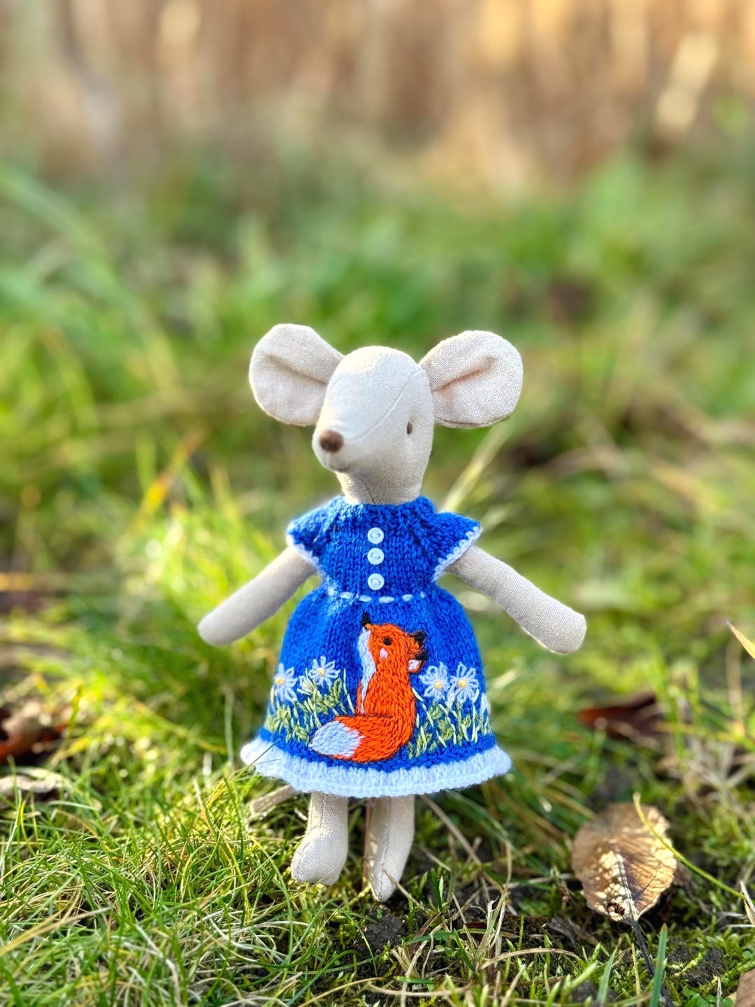 Hand Knitted Dress for Maileg Big Sister Mouse - Embroidered Fox and ...