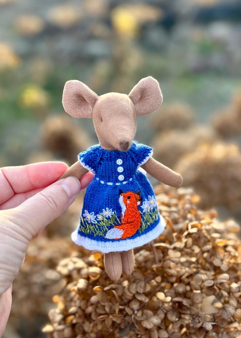 Hand Knitted Dress for Maileg Big Sister Mouse - Embroidered Fox and ...