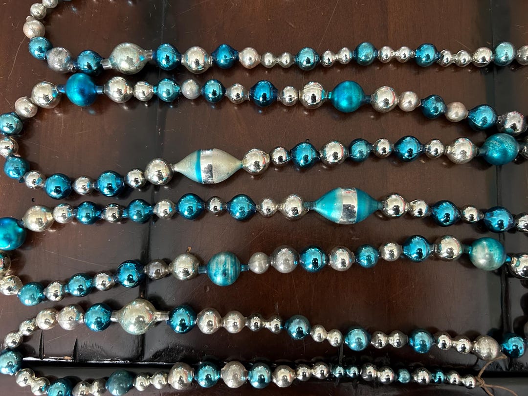 Antique German Mercury Glass Garland Silver and Blue 106" Long Big Bead ...