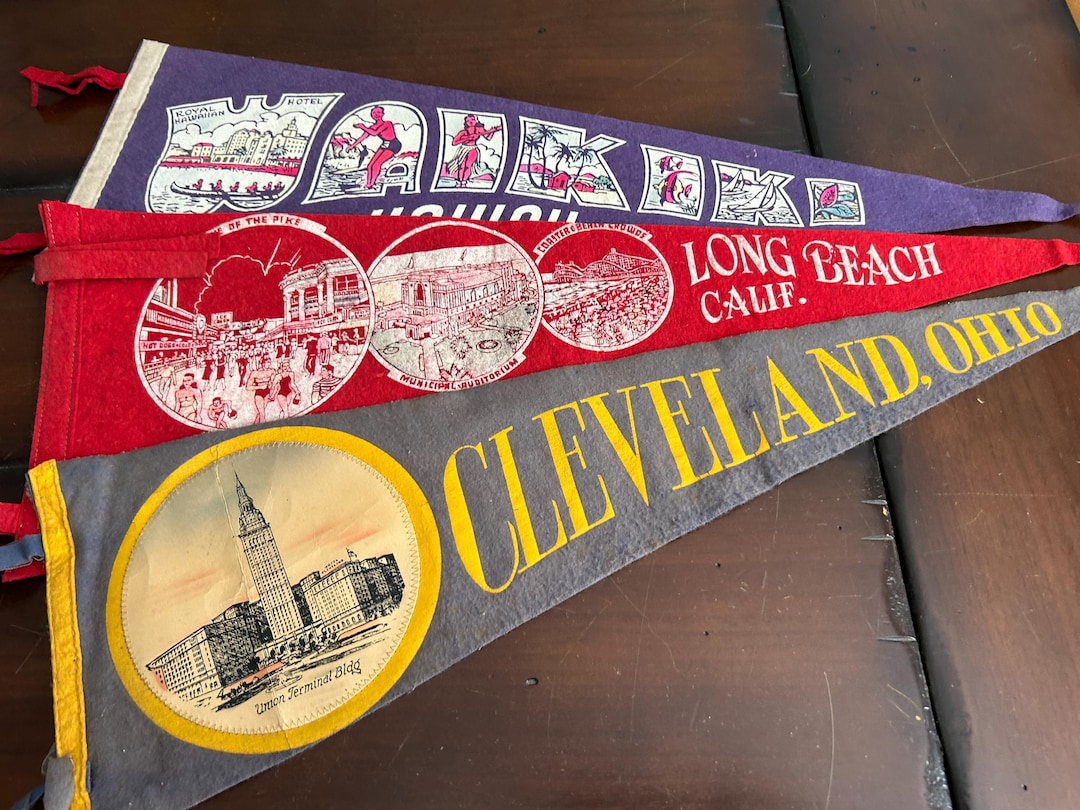 Vintage 1940s Felt Travel Pennant: Long Beach, Waikiki, Cleveland - Etsy