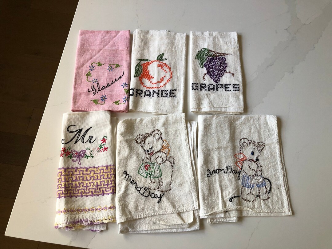 Vintage Kitchen Towels - Embroidered Towels - Vintage Set of 6 ...
