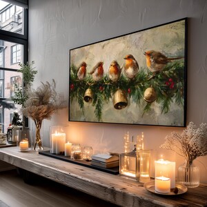 Vintage Birds Christmas FRAME TV Art, Festive Winter Robins Bells ...