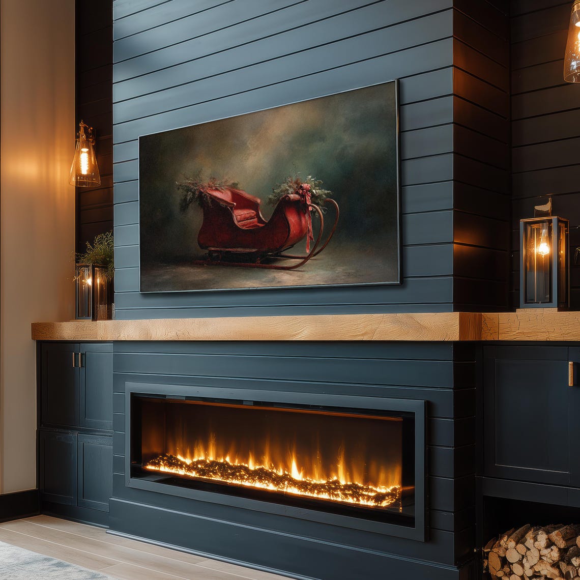 Frame TV Art Vintage Red Sleigh, Cozy Christmas Rustic Decor, Holiday ...
