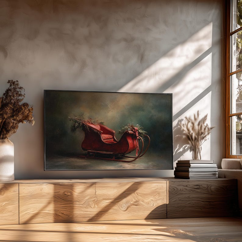 Frame TV Art Vintage Red Sleigh, Cozy Christmas Rustic Decor, Holiday ...