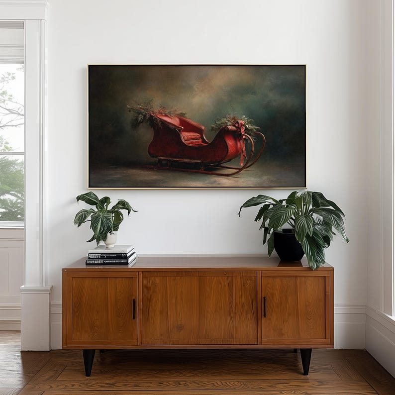 Frame TV Art Vintage Red Sleigh, Cozy Christmas Rustic Decor, Holiday ...