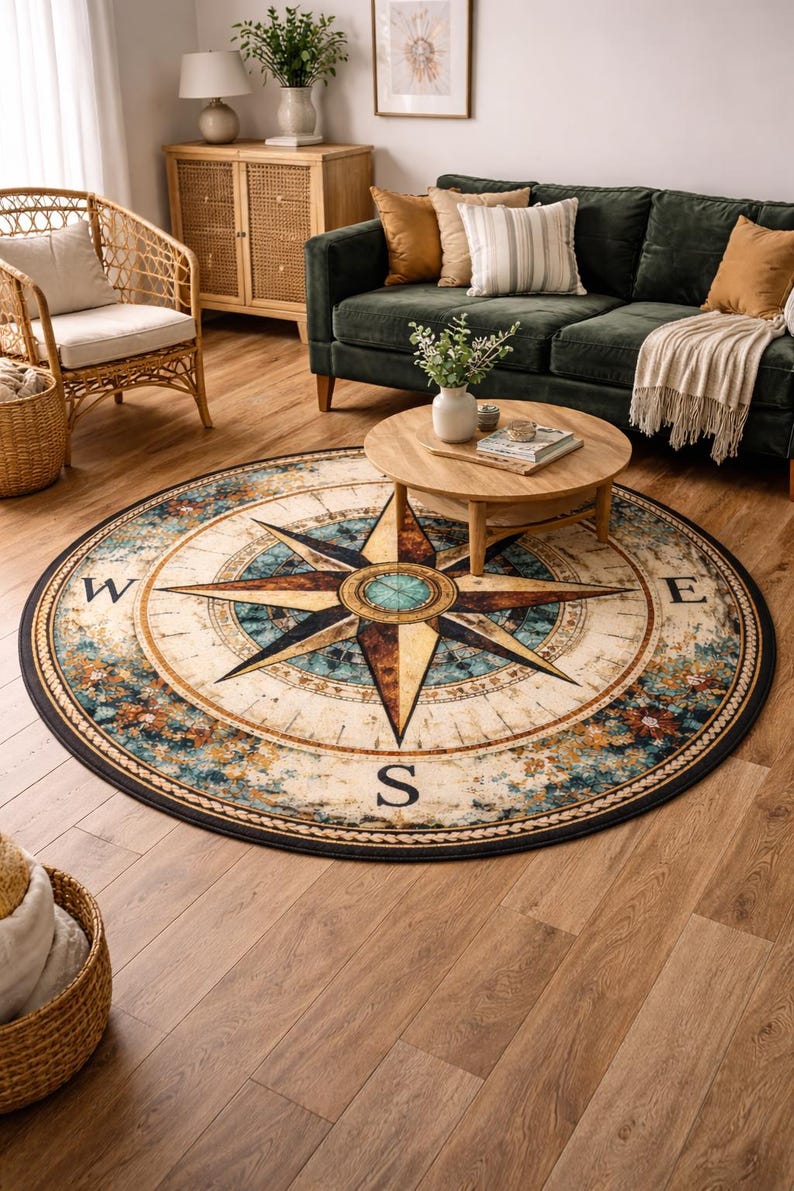 Compass Rose Round Area Rug, Nautical Vintage Compass Rug, Coastal Home ...