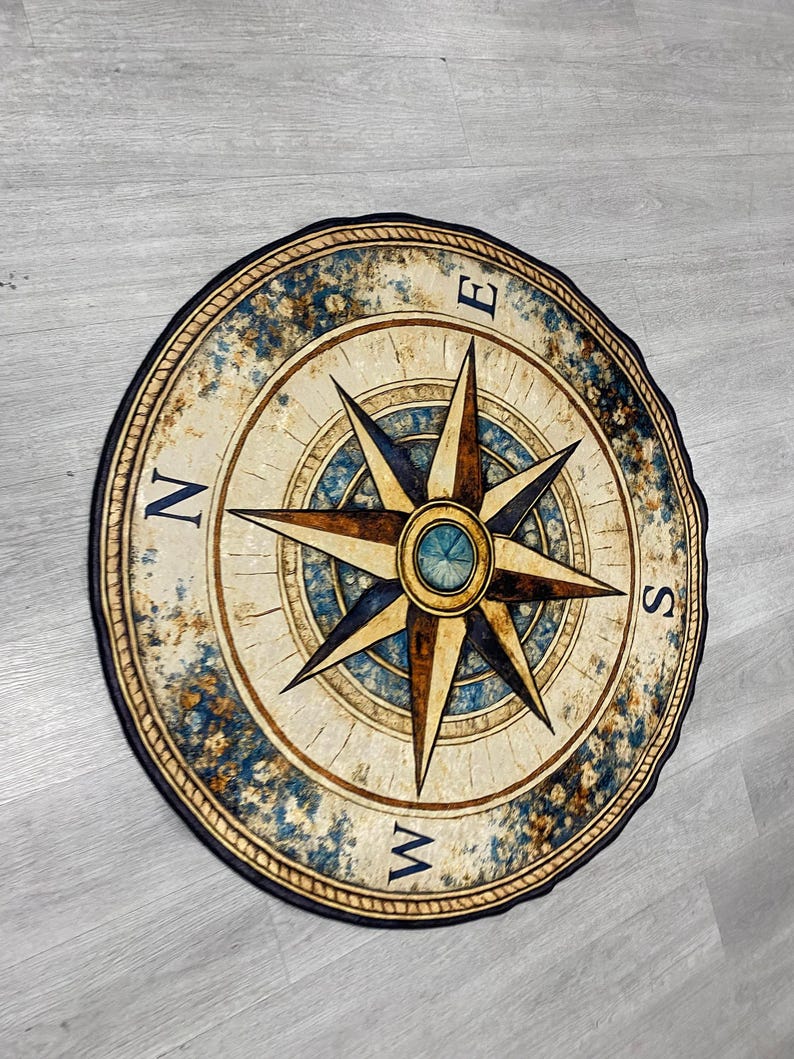 Compass Rose Round Area Rug, Nautical Vintage Compass Rug, Coastal Home ...